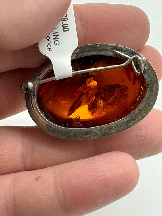 Vintage Sterling Silver Amber Brooch - Gem