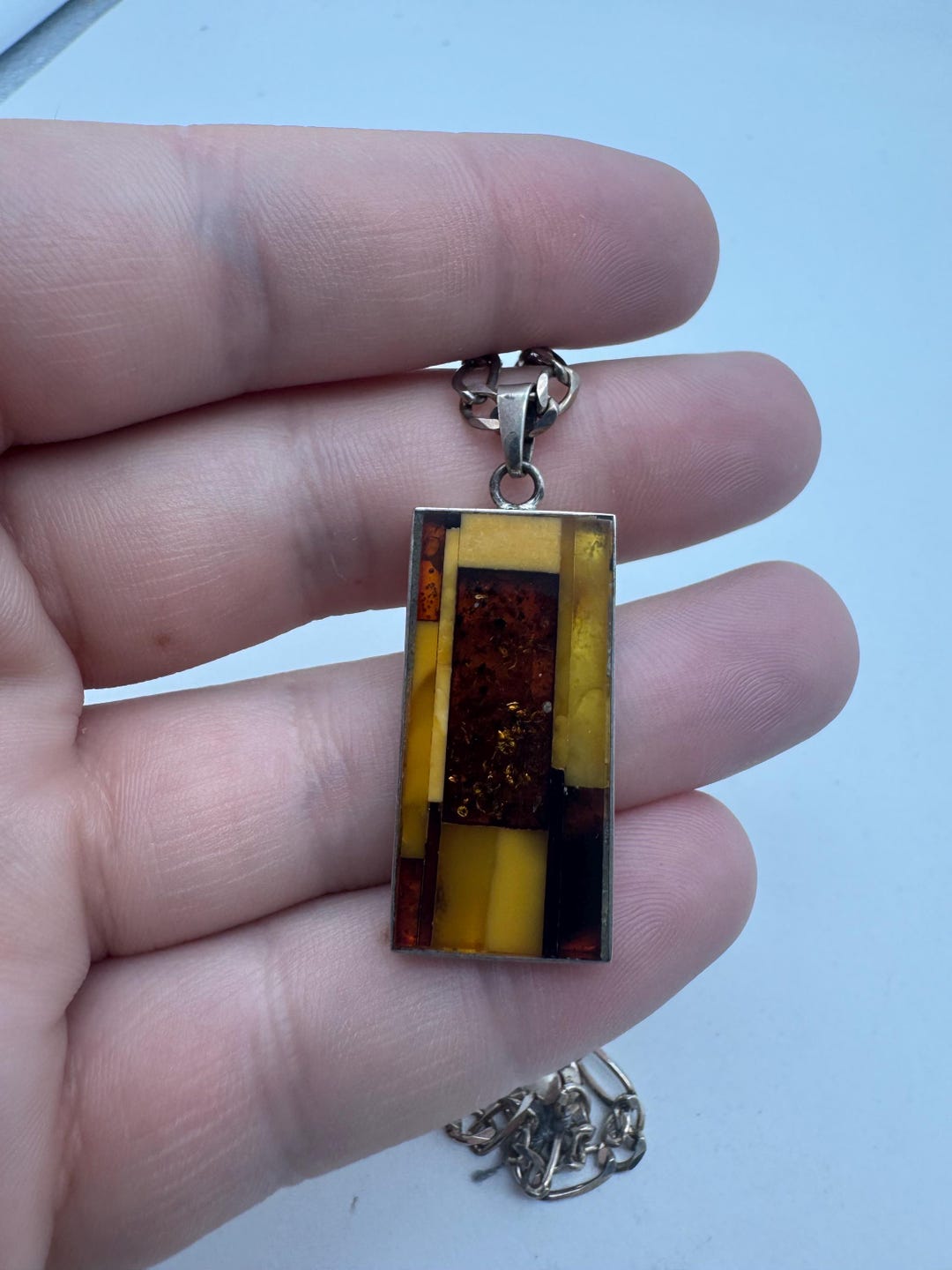 Vintage Sterling Silver Amber Inlay Block Square Pendant With Figaro ...