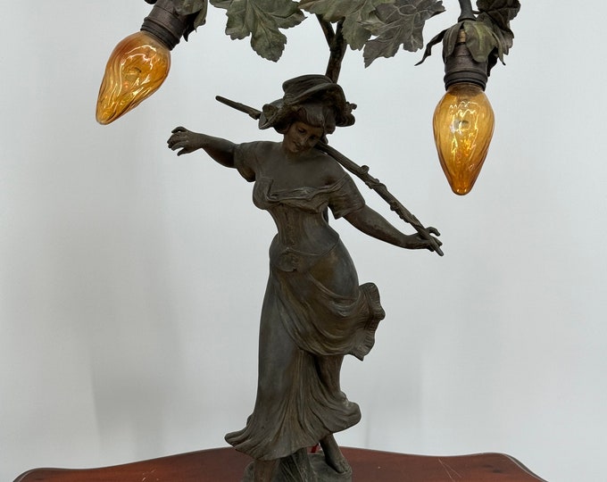 Antique Newel Post Lamp Flame Shade Neoclassical Goddess Sculpture ...