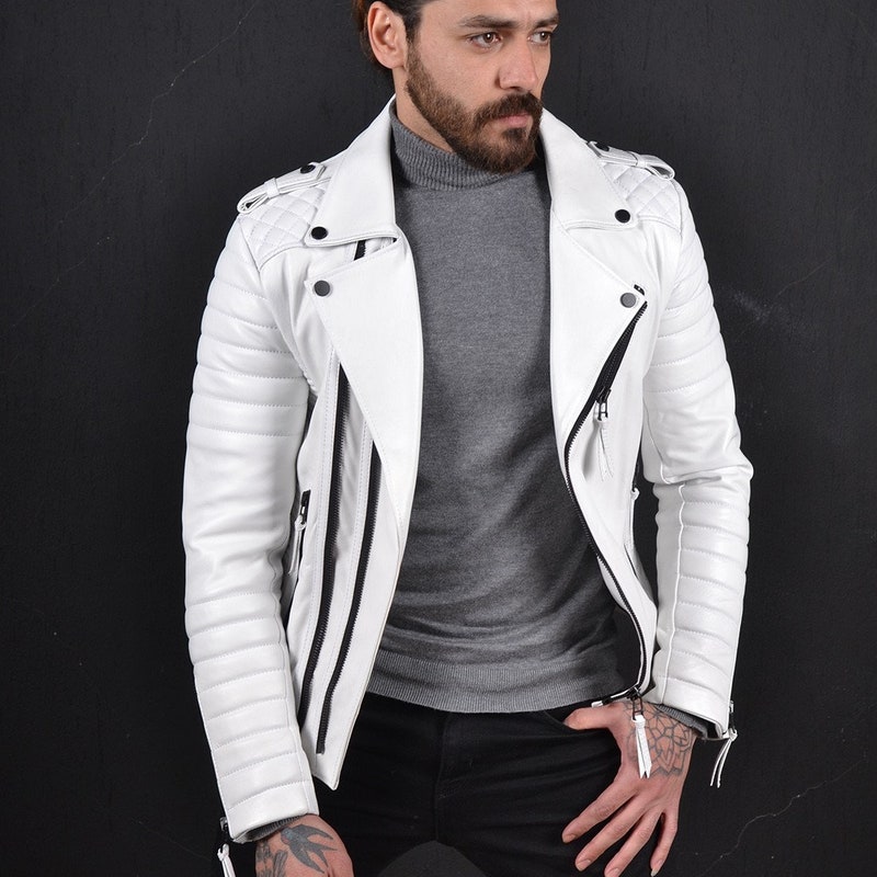 White Leather Jacket - Etsy