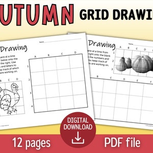 Autumn Grid Drawing Worksheets - Digital Download Fall Thanksgiving Art ...