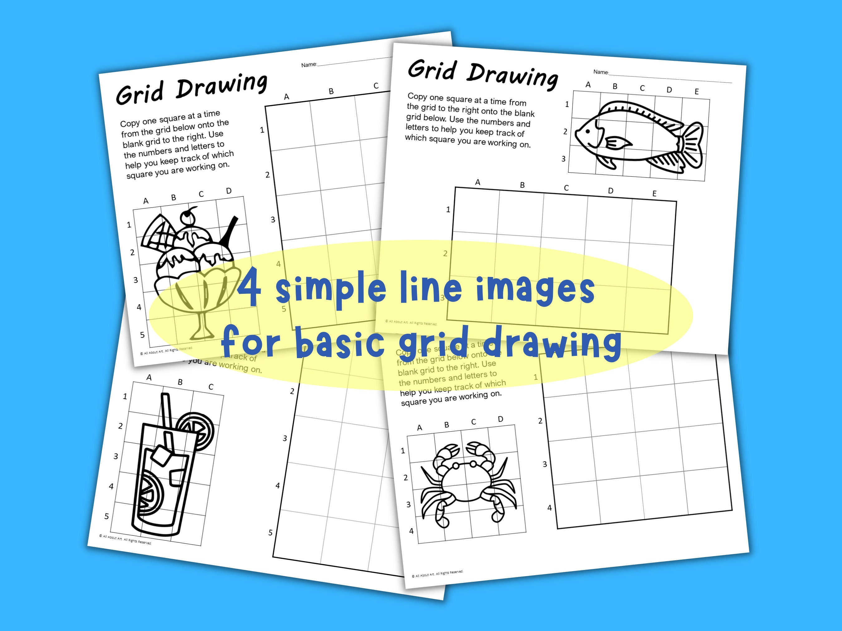 Summer Grid Drawing Worksheets Beach-themed Grid Method Art Activities ...