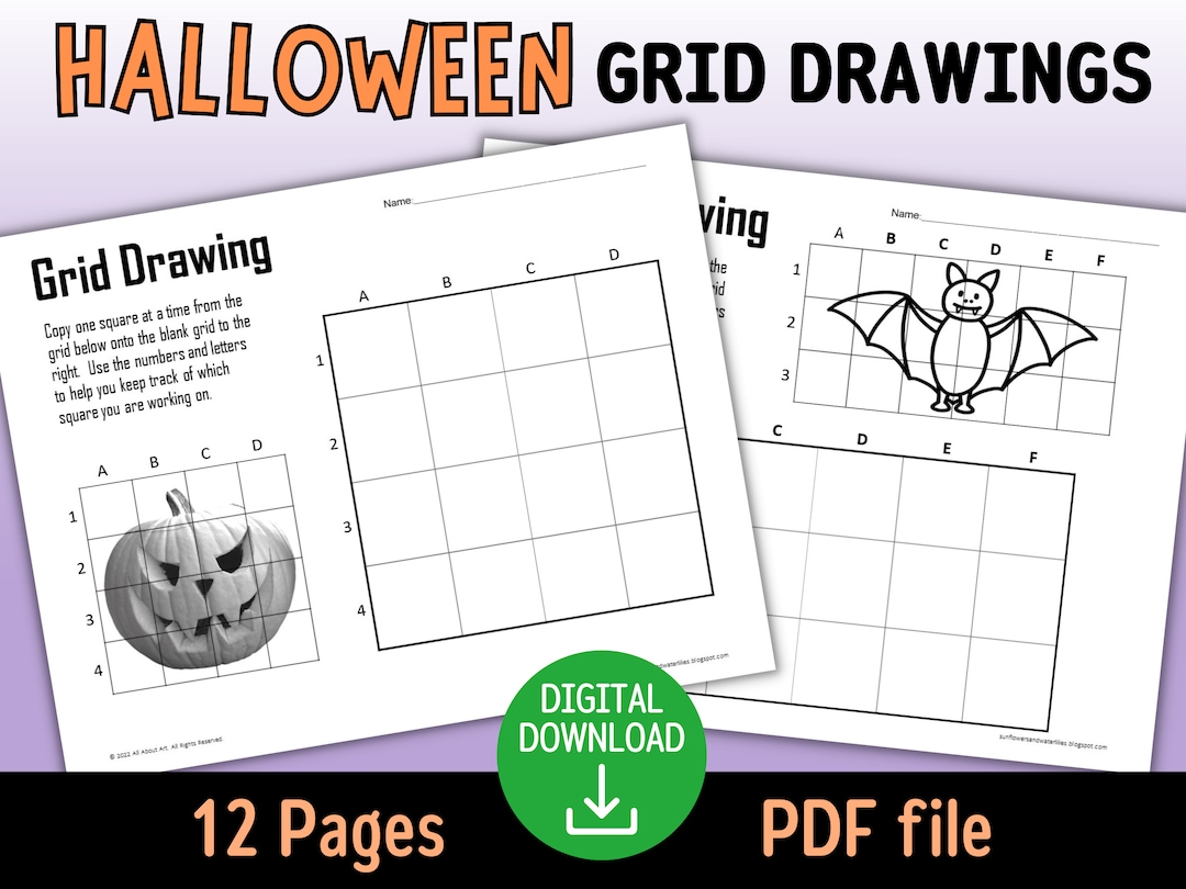 Halloween Grid Drawing Worksheets - Digital Download Art Activity for ...