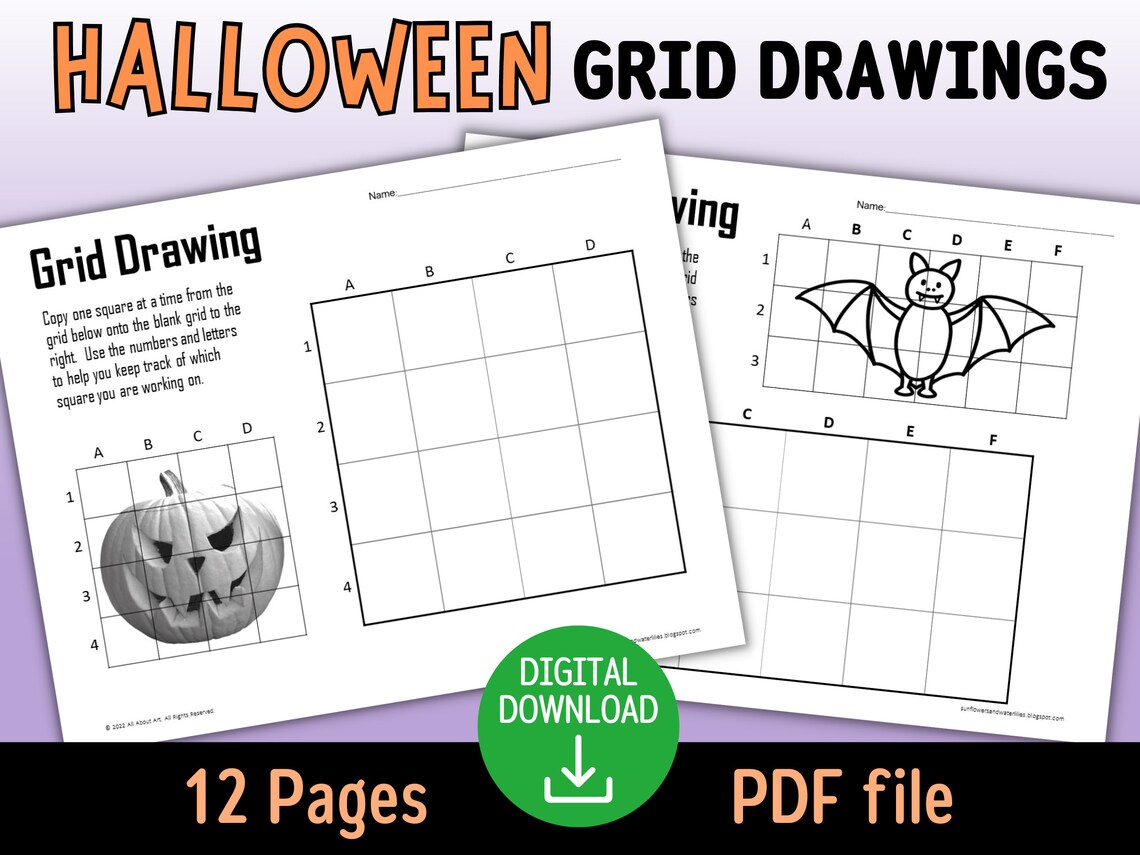 Halloween Grid Drawing Worksheets – Jack-o-lantern, Bats, Skulls ...