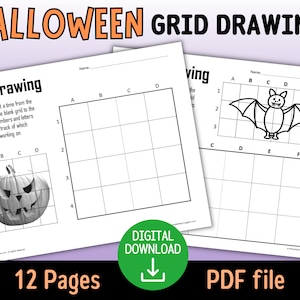 Halloween Grid Drawing Worksheets - Digital Download Art Activity for ...