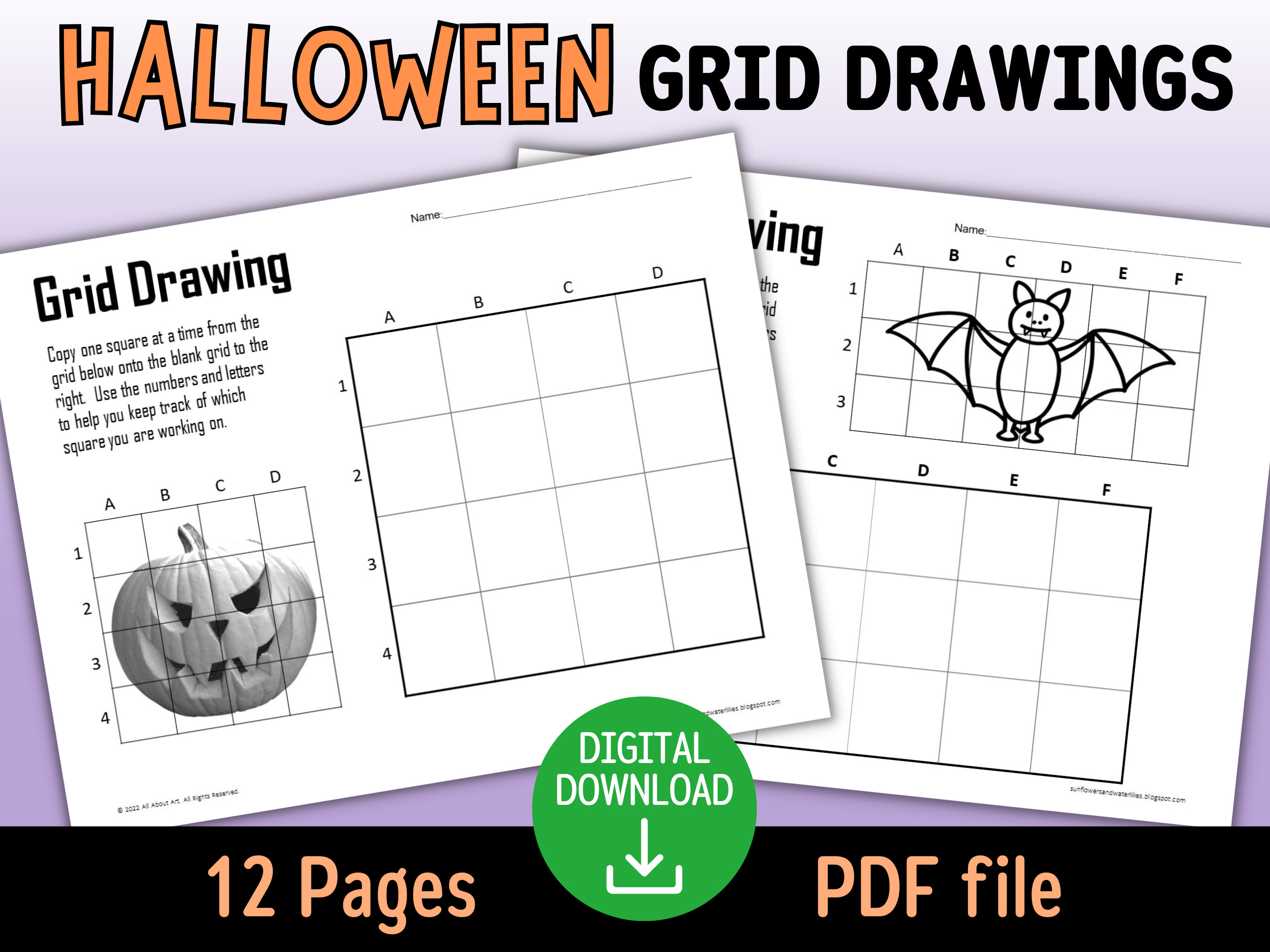 Halloween Grid Drawing Worksheets - Digital Download Art Activity for ...
