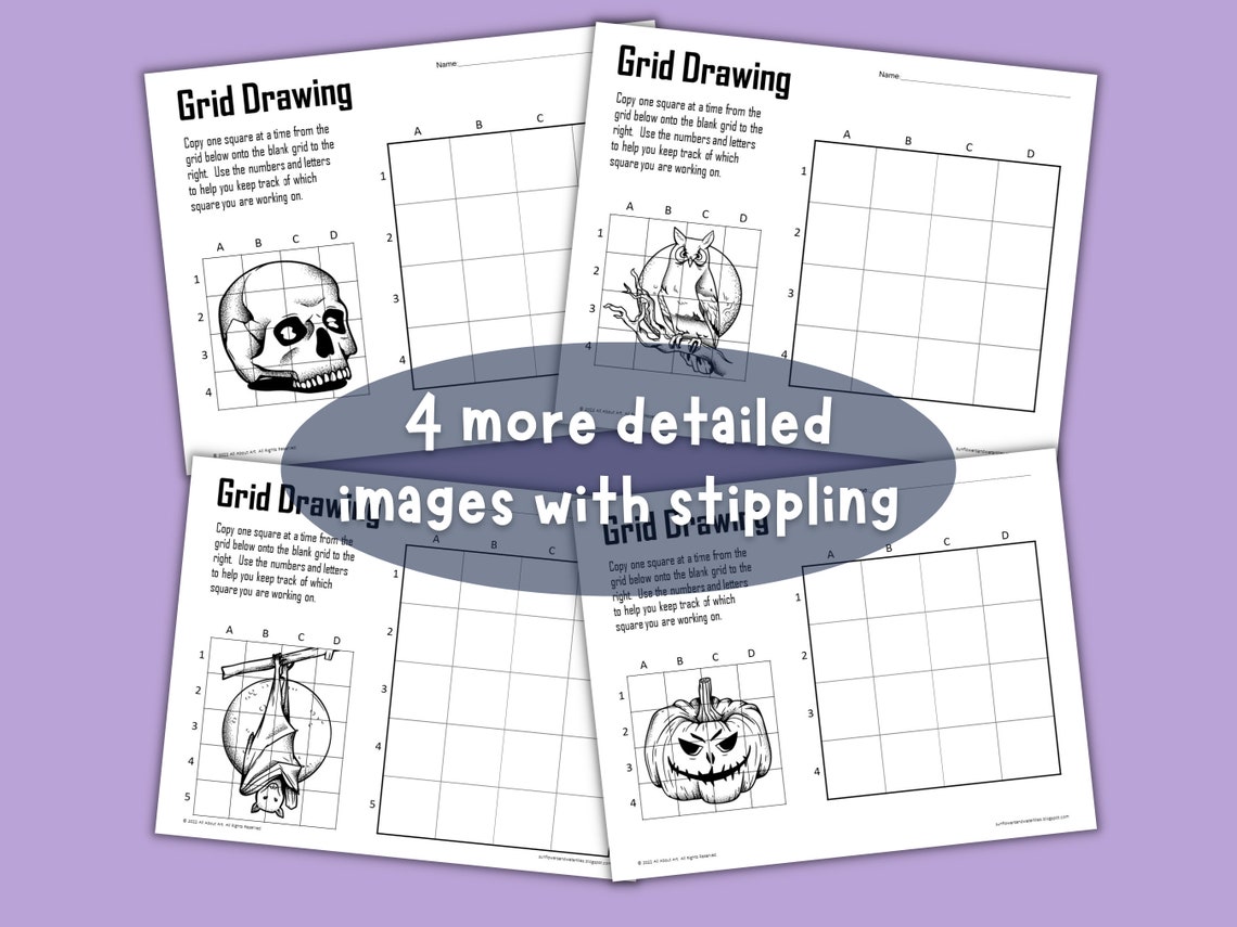 Halloween Grid Drawing Worksheets - Digital Download Art Activity for ...