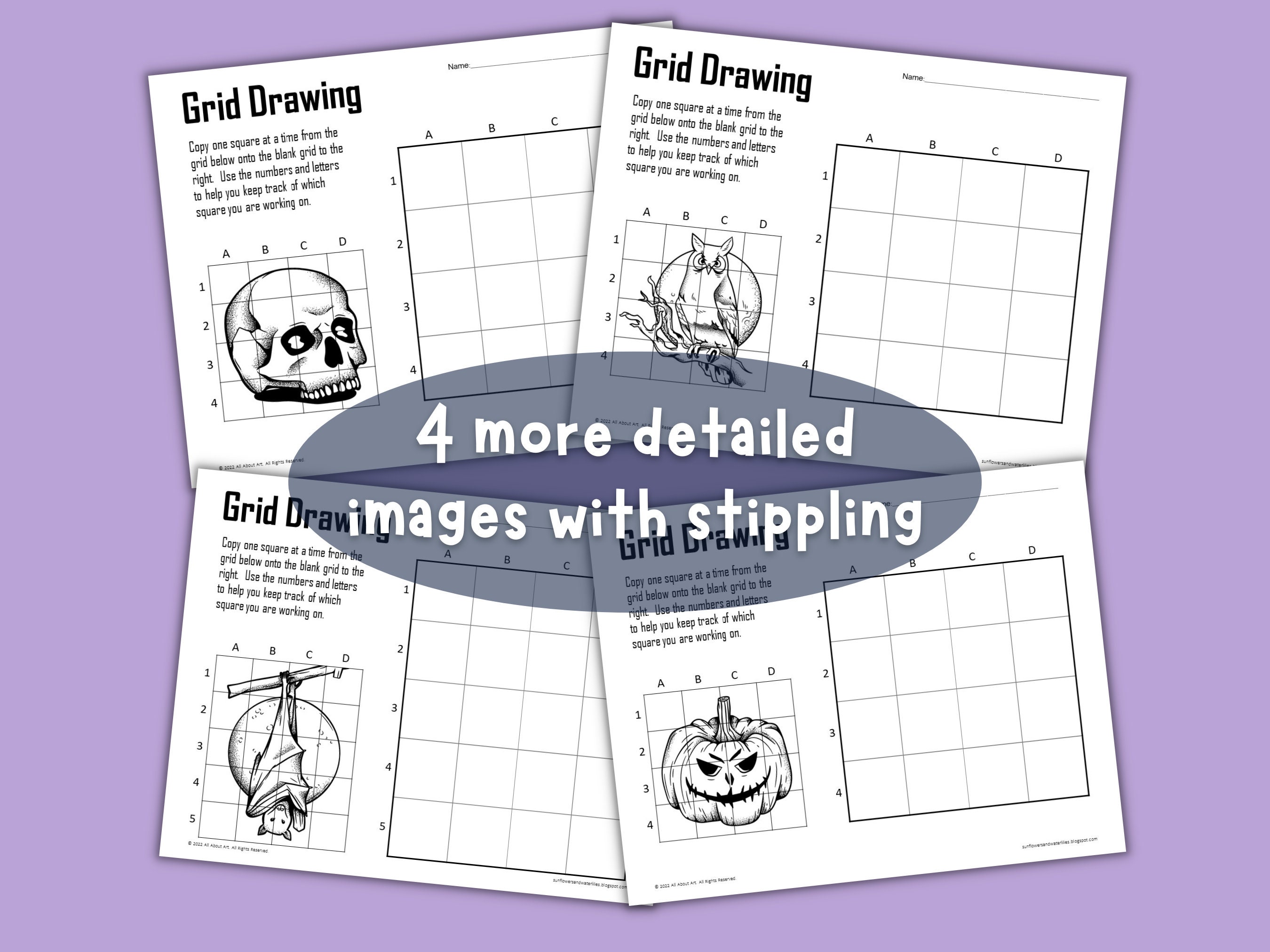 Halloween Grid Drawing Worksheets - Digital Download Art Activity for ...