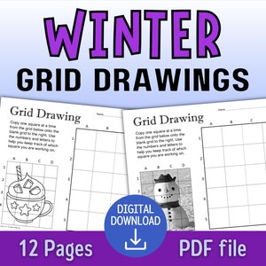 Winter Grid Drawing Worksheets - Grid Method Art Activities for Tweens ...