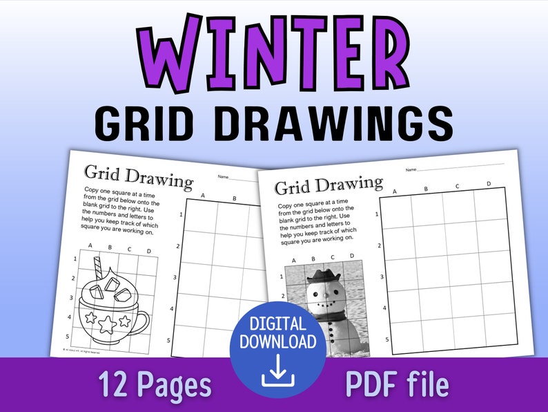 Winter Grid Drawing Worksheets - Grid Method Art Activities for Tweens ...