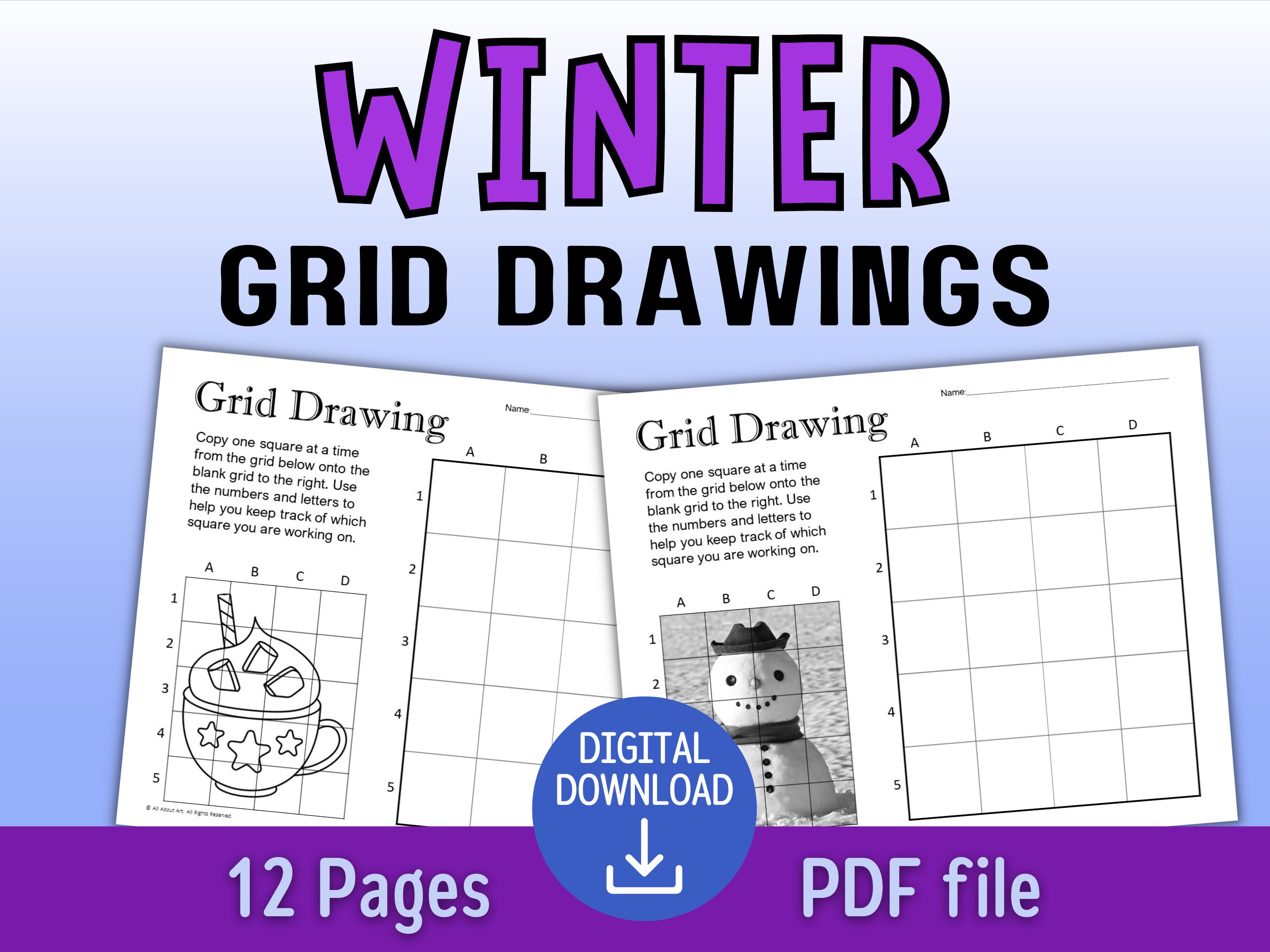Winter Grid Drawing Worksheets - Grid Method Art Activities for Tweens ...