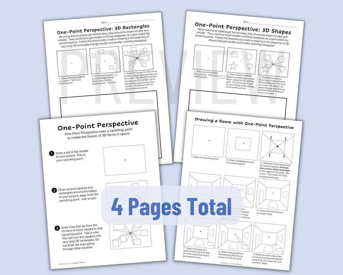 One Point Perspective Drawing Tutorial Printable Worksheets - Etsy