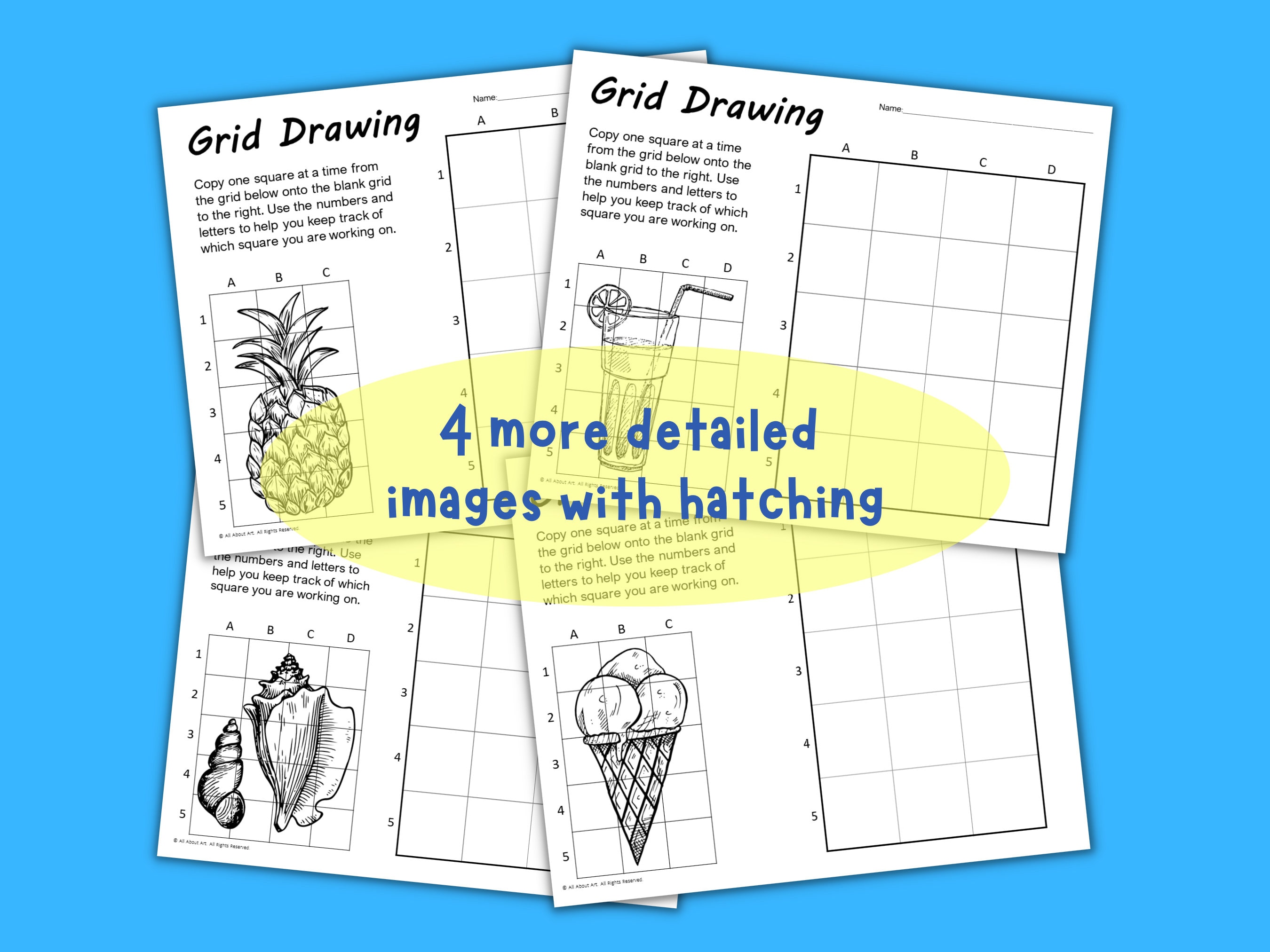 Summer Grid Drawing Worksheets Beach-themed Grid Method Art Activities ...