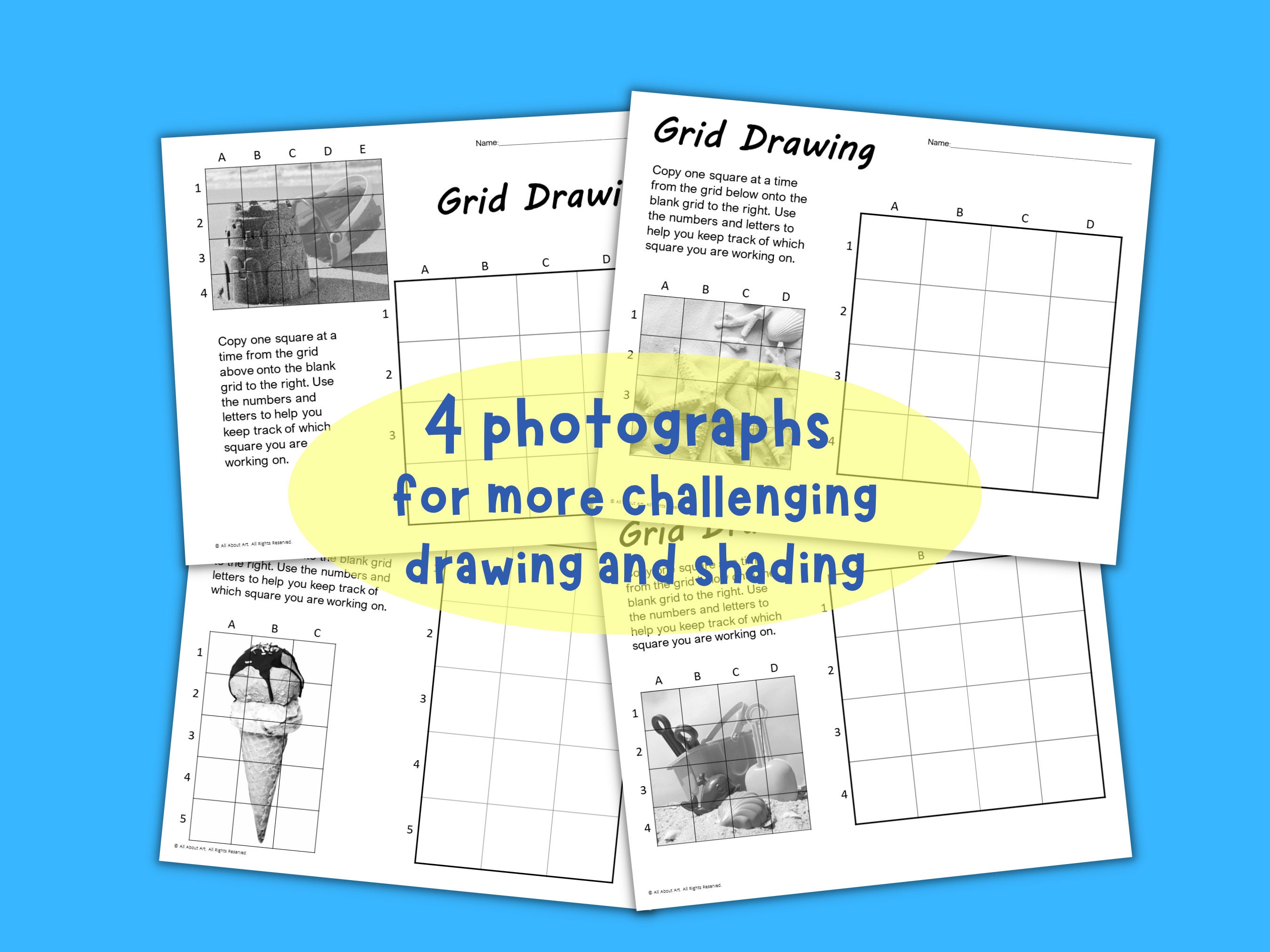 Summer Grid Drawing Worksheets Beach-themed Grid Method Art Activities ...