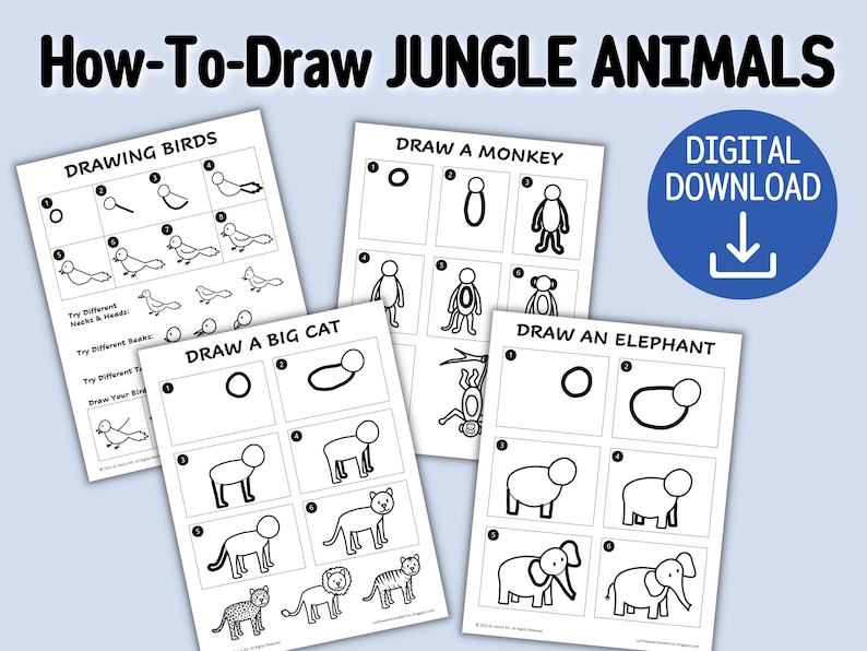 How to Draw Jungle Animals Easy Directed Drawing Tutorials - Etsy