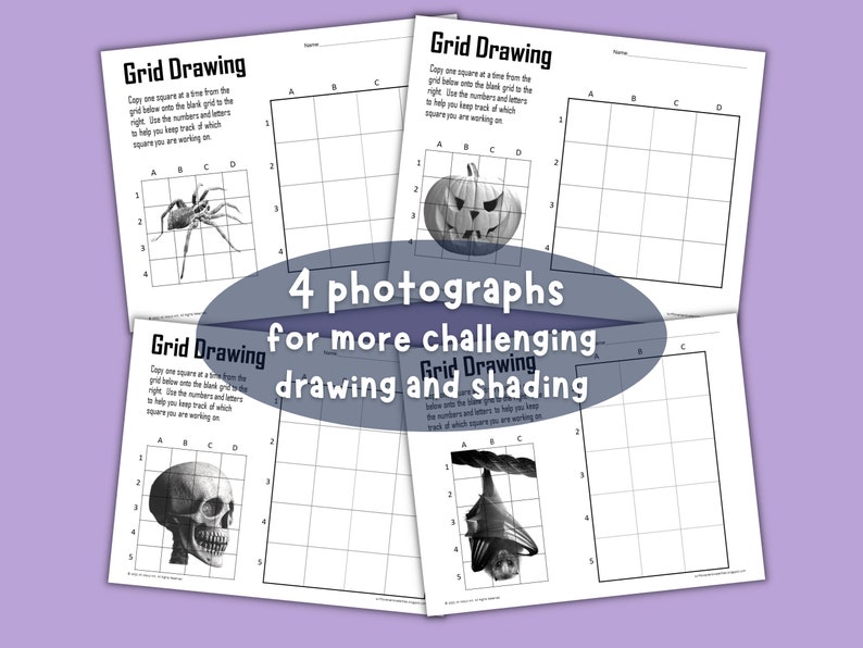 Halloween Grid Drawing Worksheets - Digital Download Art Activity for ...