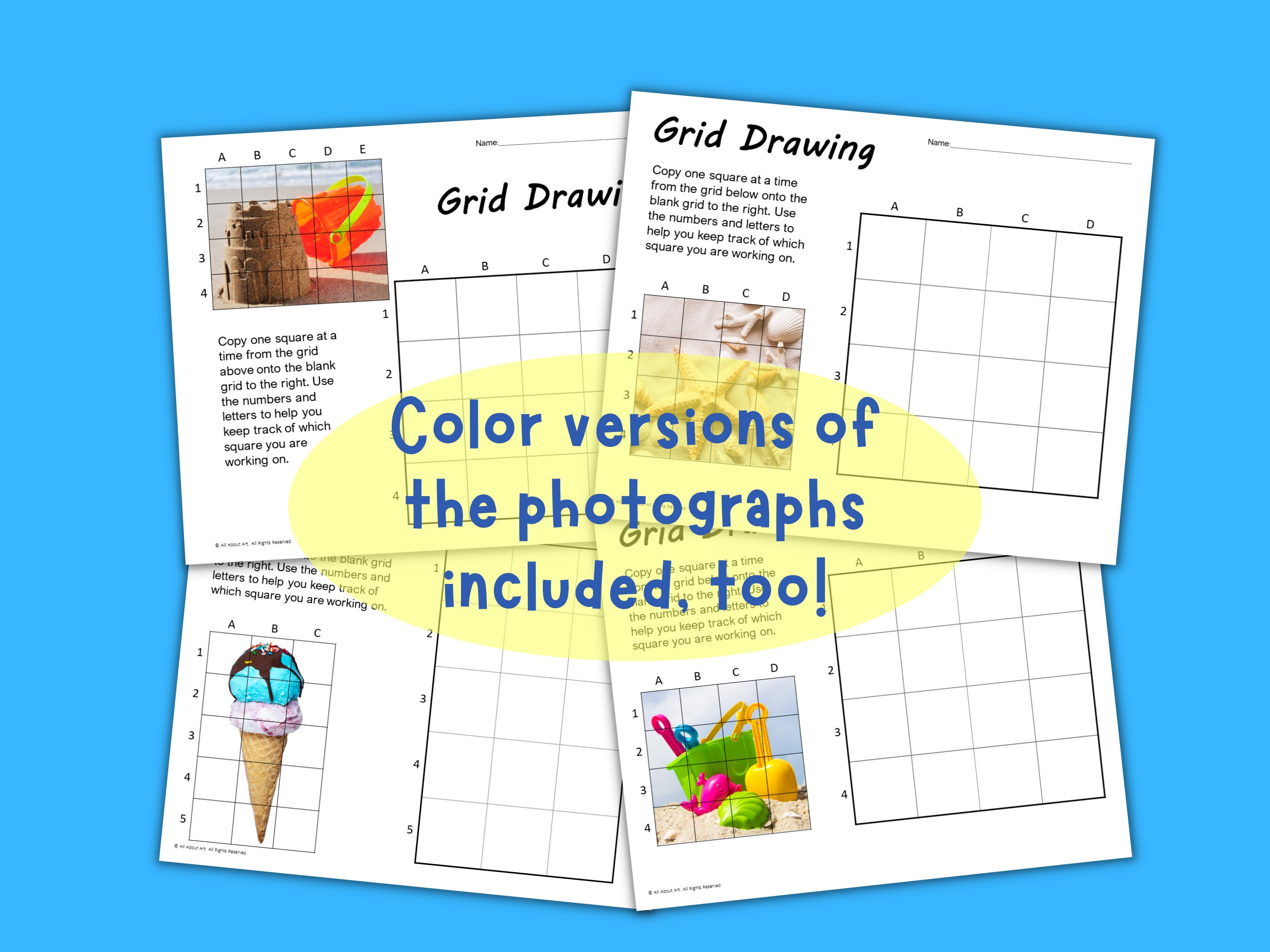 Summer Grid Drawing Worksheets - Beach-themed Grid Method Art ...