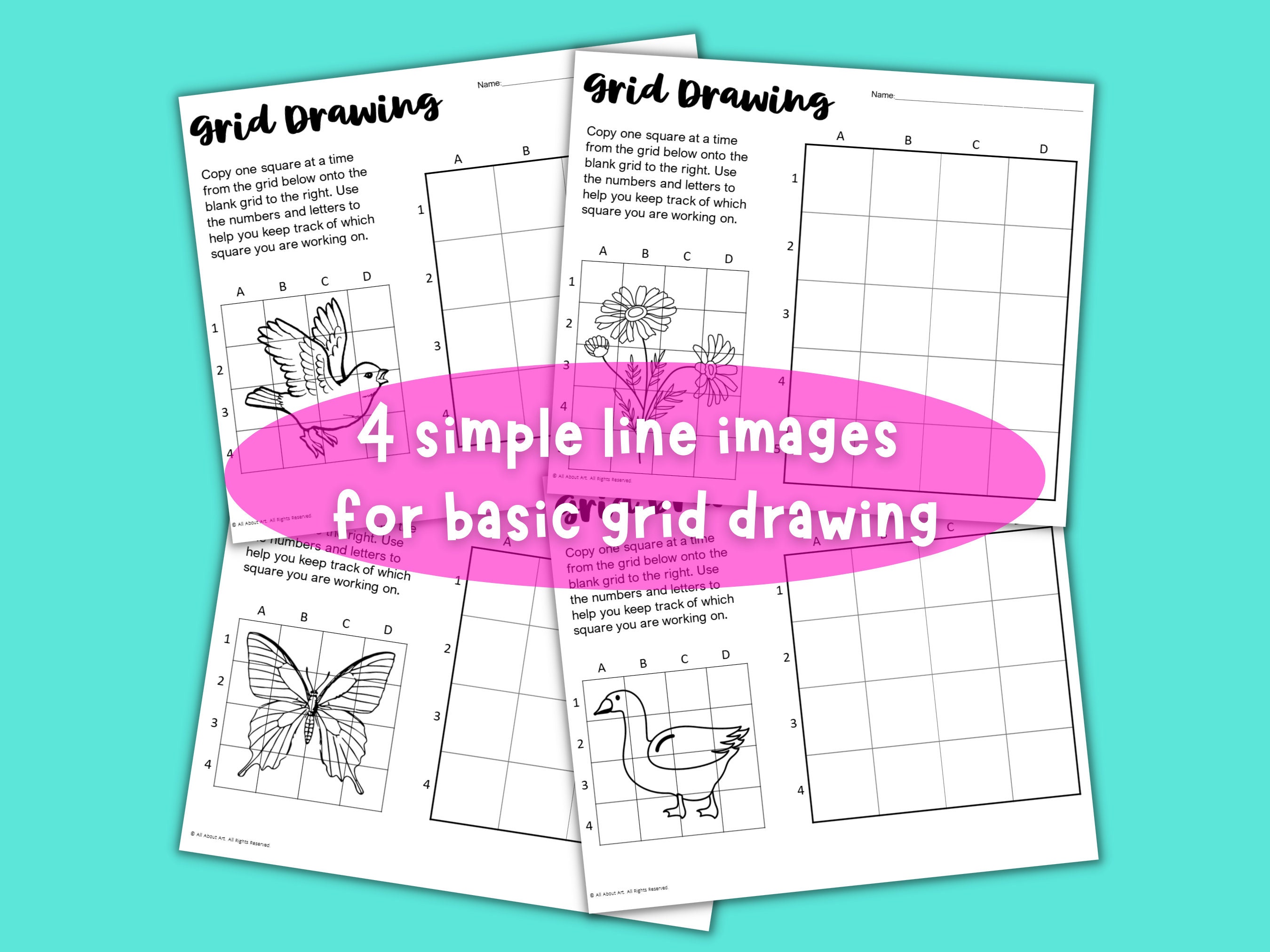 Spring Grid Drawing Worksheets - Flowers, Birds, Bugs Grid Method Art ...