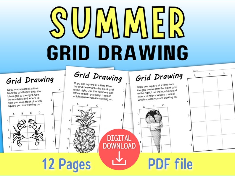 Summer Grid Drawing Worksheets Beach-themed Grid Method Art - Etsy