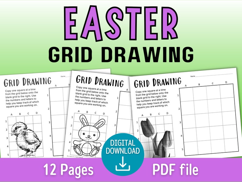 Easter Grid Drawing Worksheets - Bunnies, Chicks, Eggs - Grid Method ...