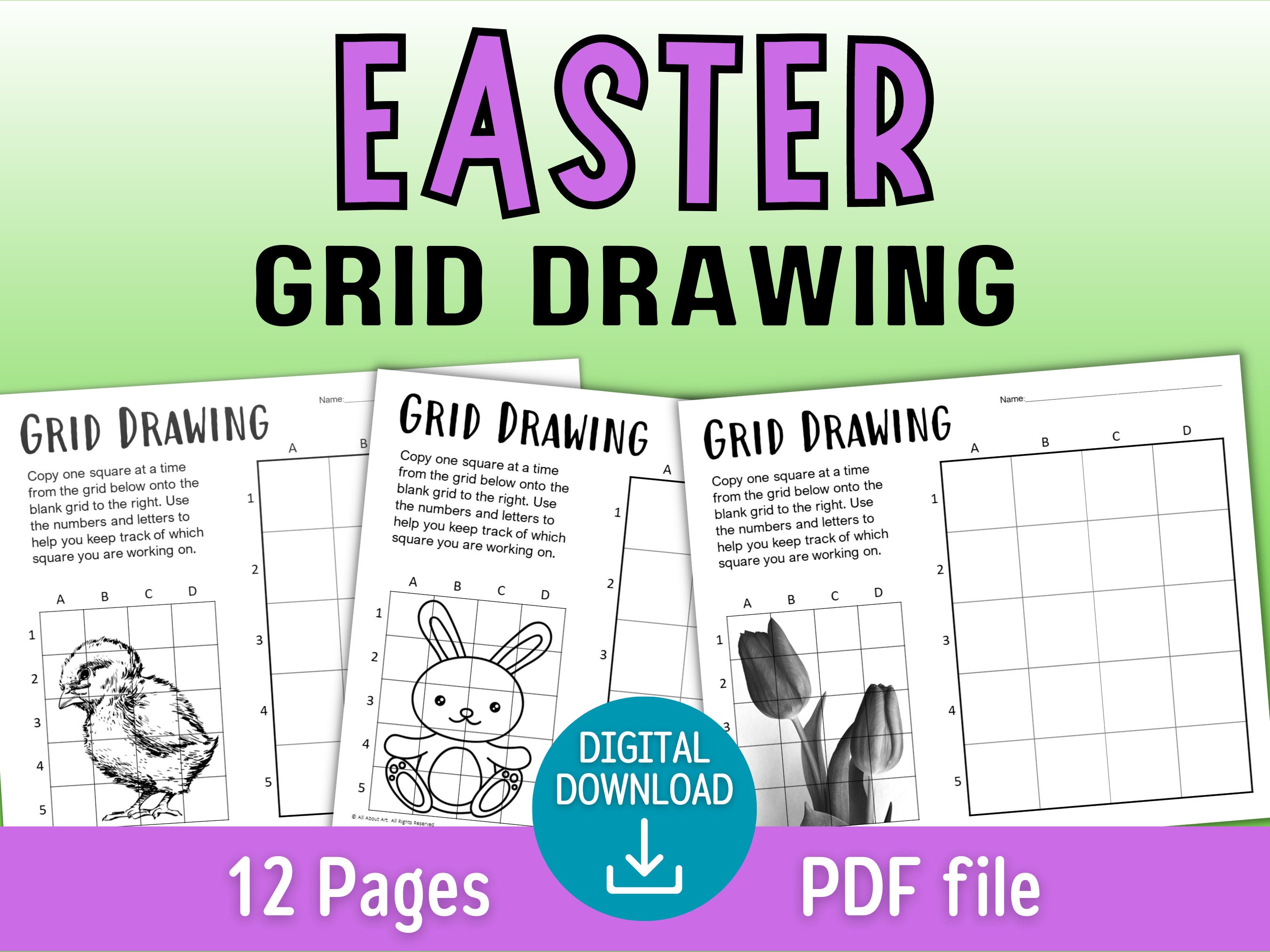 Easter Grid Drawing Worksheets - Bunnies, Chicks, Eggs - Grid Method ...