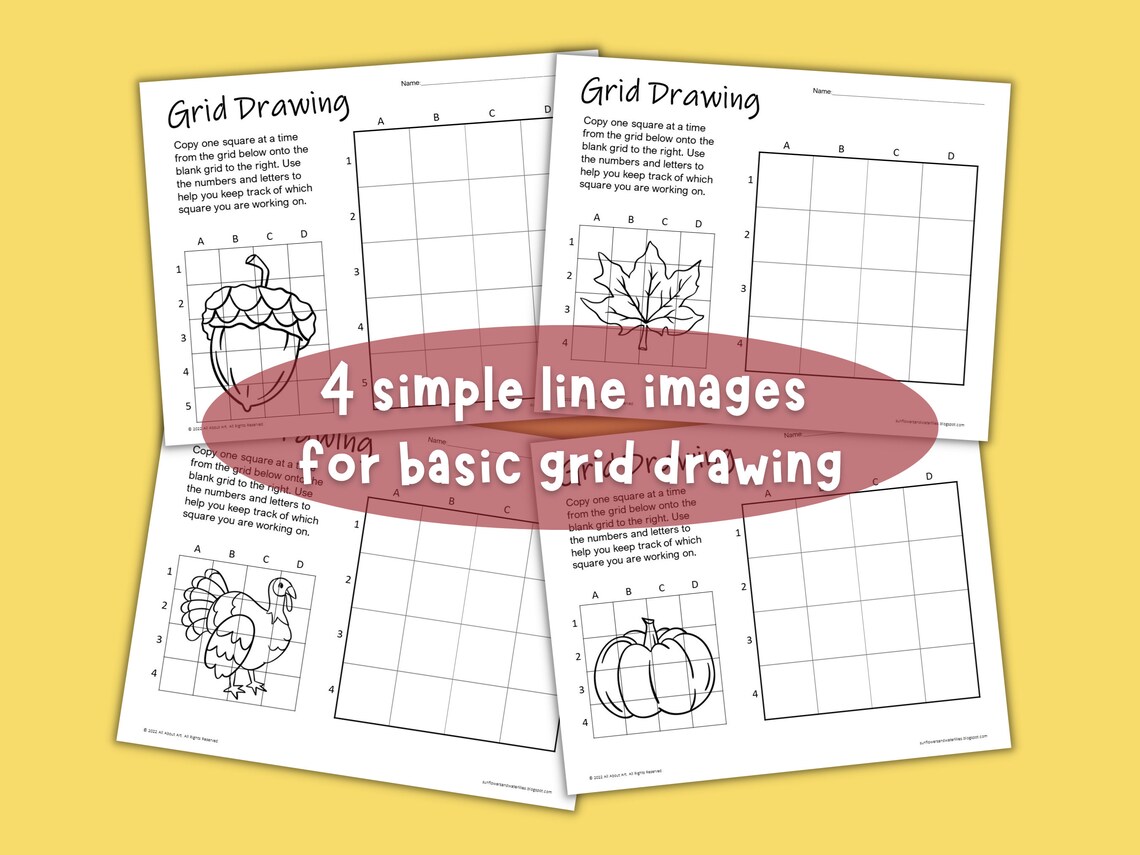 Autumn Grid Drawing Worksheets - Digital Download Fall Thanksgiving Art ...