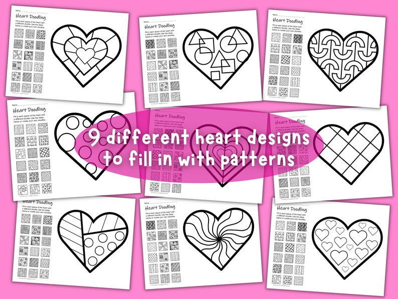 Heart Doodle Zentangle Drawing Patterns and Art Designs Worksheets for ...