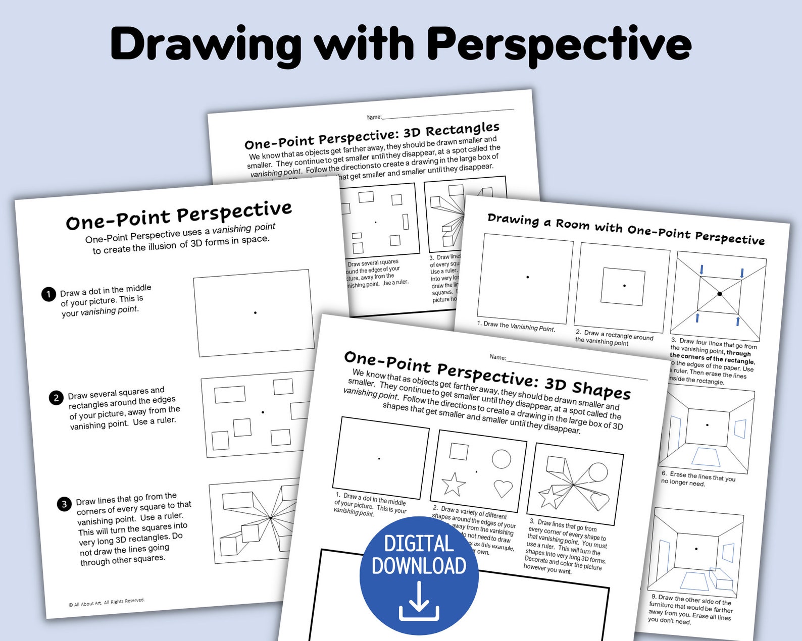 One Point Perspective Drawing Tutorial Printable Worksheets - Etsy
