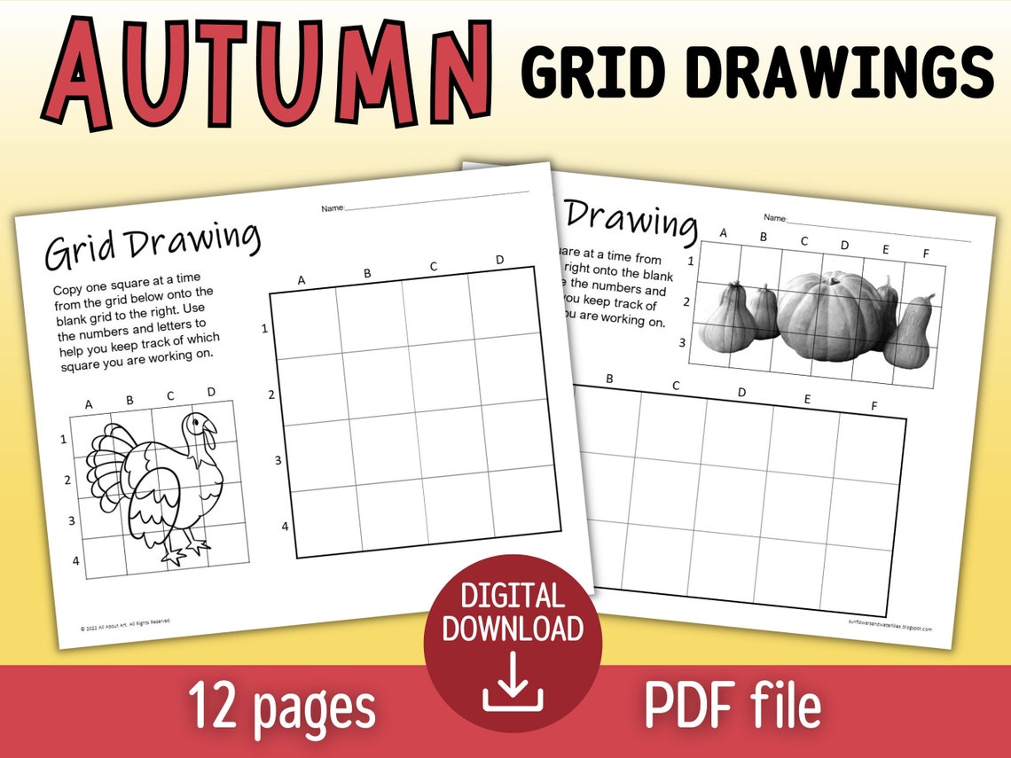 Autumn Grid Drawing Worksheets - Digital Download Fall Thanksgiving Art ...