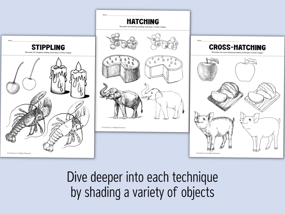 Ink Shading Drawing Worksheets to Practice Stippling, Hatching, and ...
