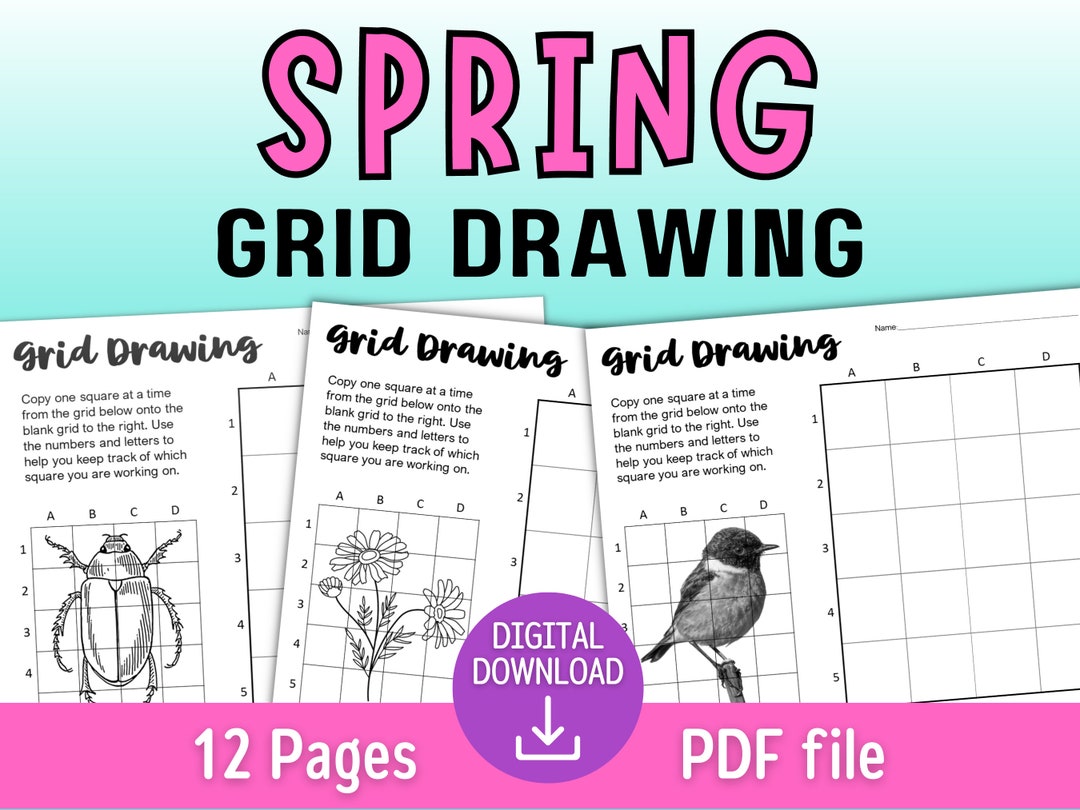 Spring Grid Drawing Worksheets - Flowers, Birds, Bugs Grid Method Art ...