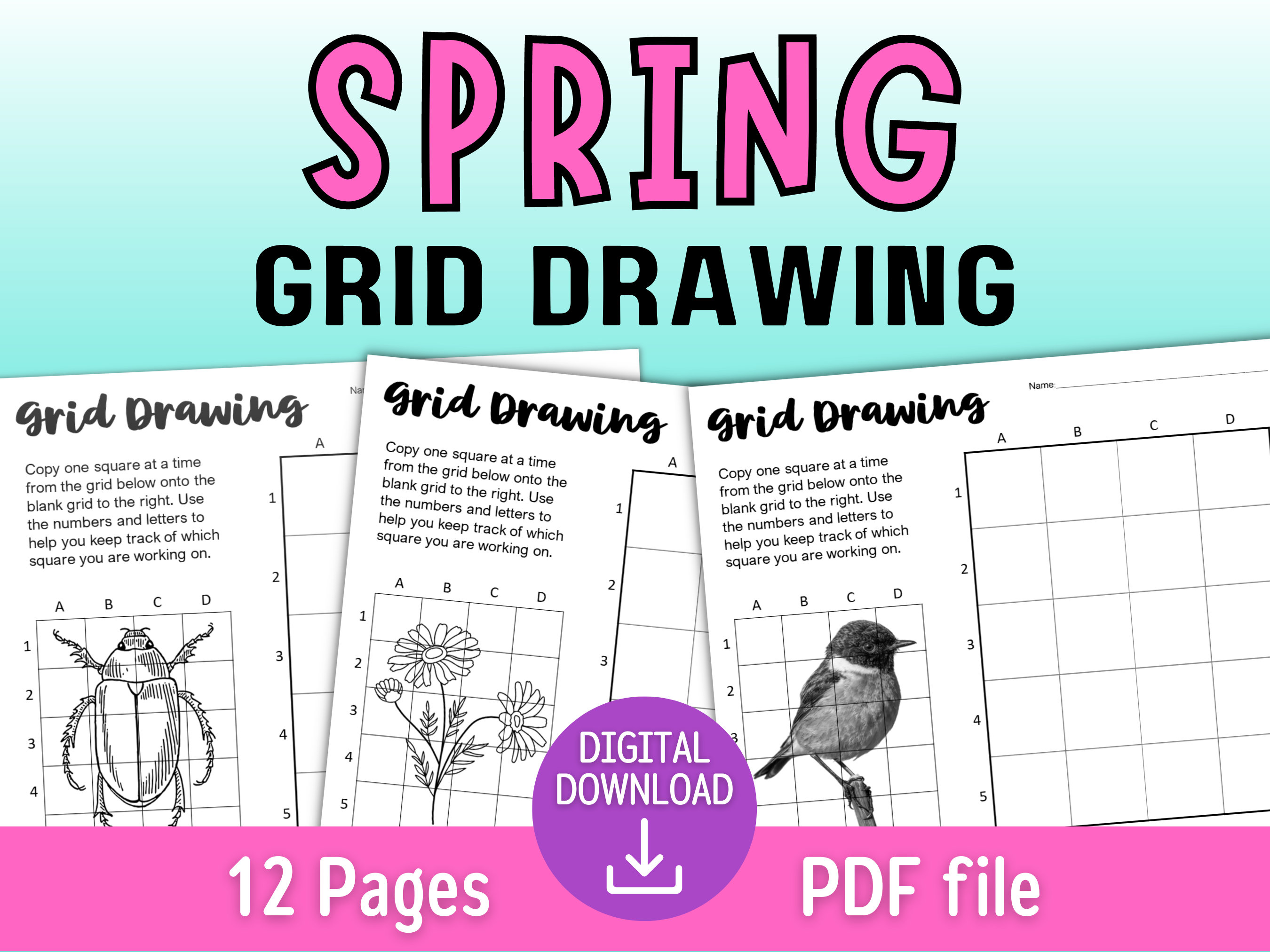 Spring Grid Drawing Worksheets - Flowers, Birds, Bugs Grid Method Art ...