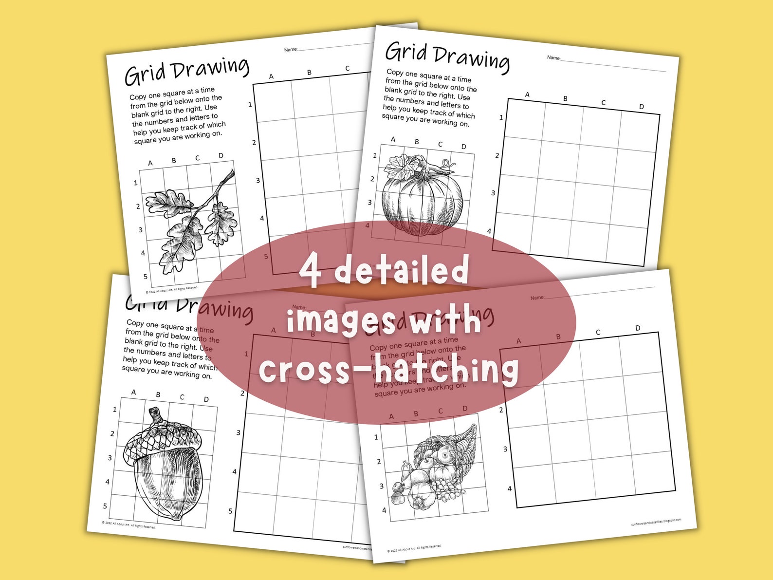 Autumn Grid Drawing Worksheets - Digital Download Fall Thanksgiving Art ...
