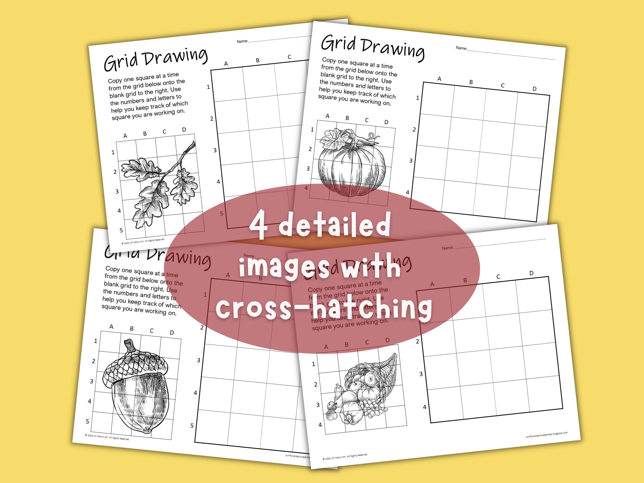 Autumn Grid Drawing Worksheets - Digital Download Fall Thanksgiving Art ...