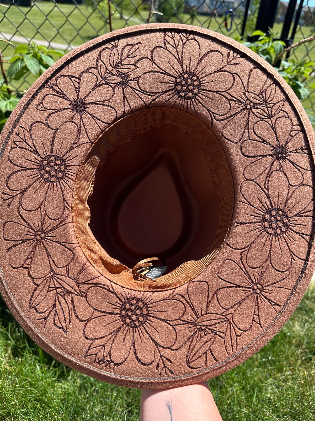 Custom Engraved Vegan Felt Wide Brim Fedora | Engraved Floral Wreath ...