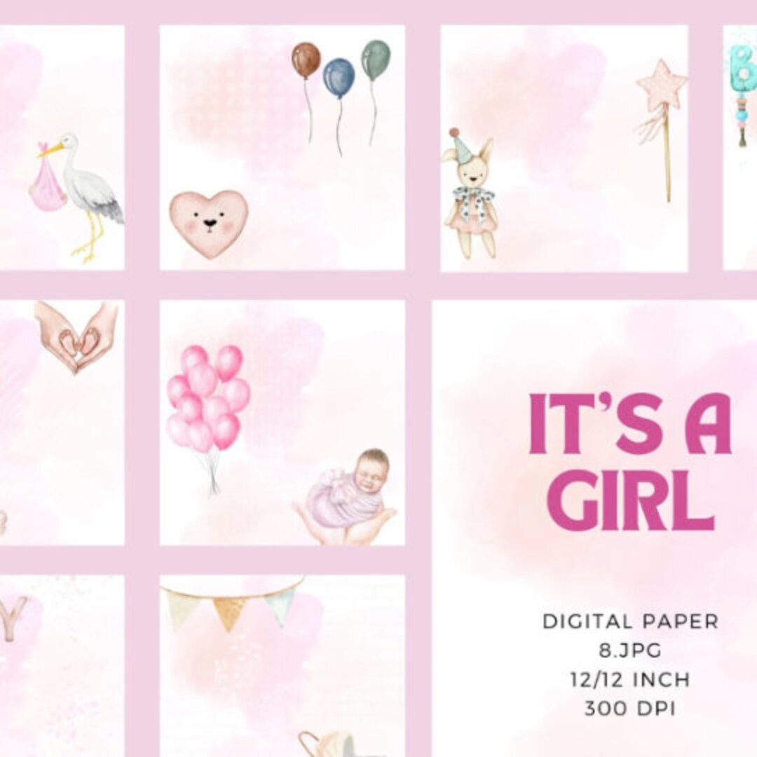 It's a Girl Digital Paper, Baby Girl Paper, Pink Paper, Stork With Baby ...
