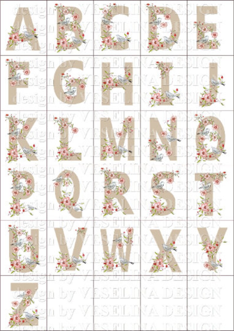 Romantic Alphabet,flowers and Birds Alphabet Png,handmade Letters ...