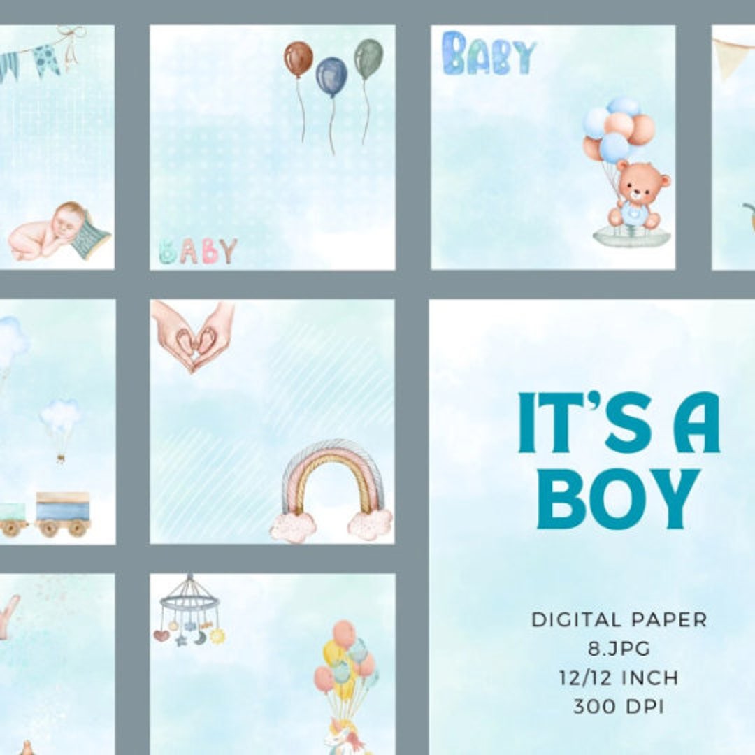 It's a Boy Digital Paper, Baby Boy Paper, Blue Paper, Rainbow With Baby ...