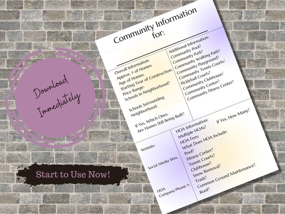 Real Estate Agent Community Information Sheet - Etsy