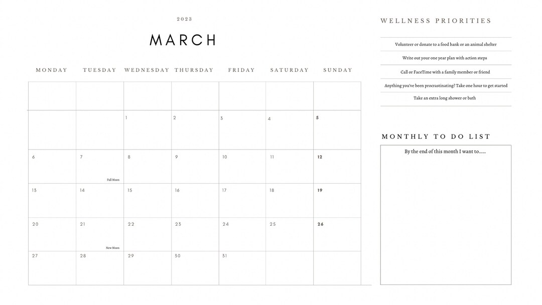 March 2023 Wellness Calendar and Planner - Etsy