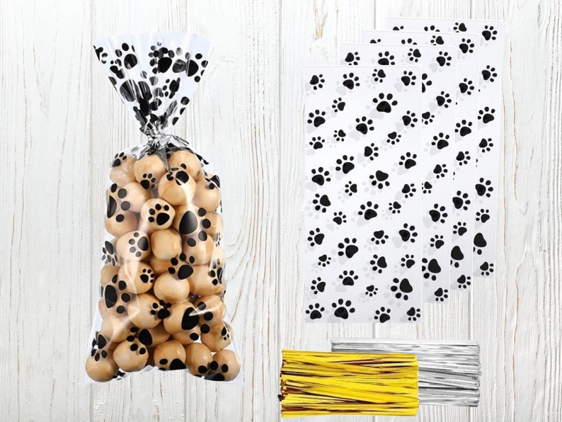 Dark Blue Paw Print Treat Bags, Dog Cellophane Goodie Bags, Puppy Favor ...