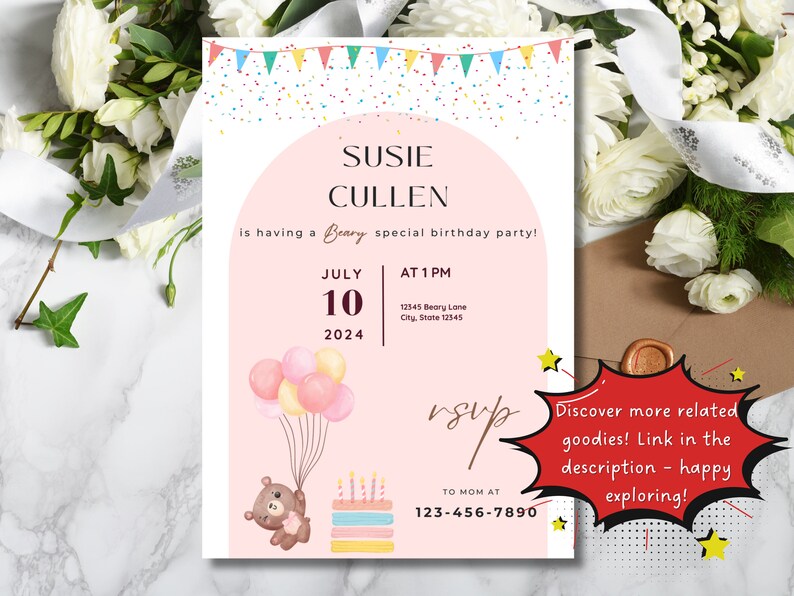 Teddy Bear Birthday Invitation Digital Invite Beary First Birthday ...
