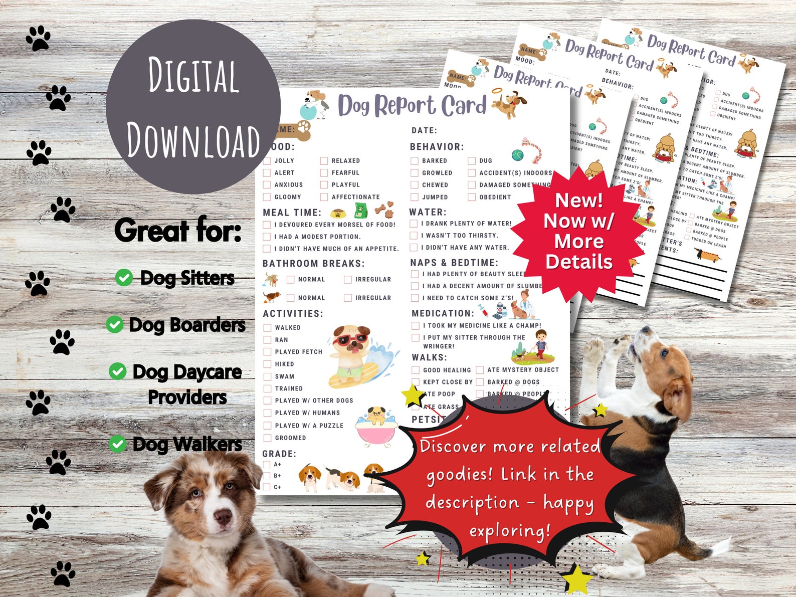 Dog Report Card Template, Instant Download Pet Report Card, Dog Walking ...