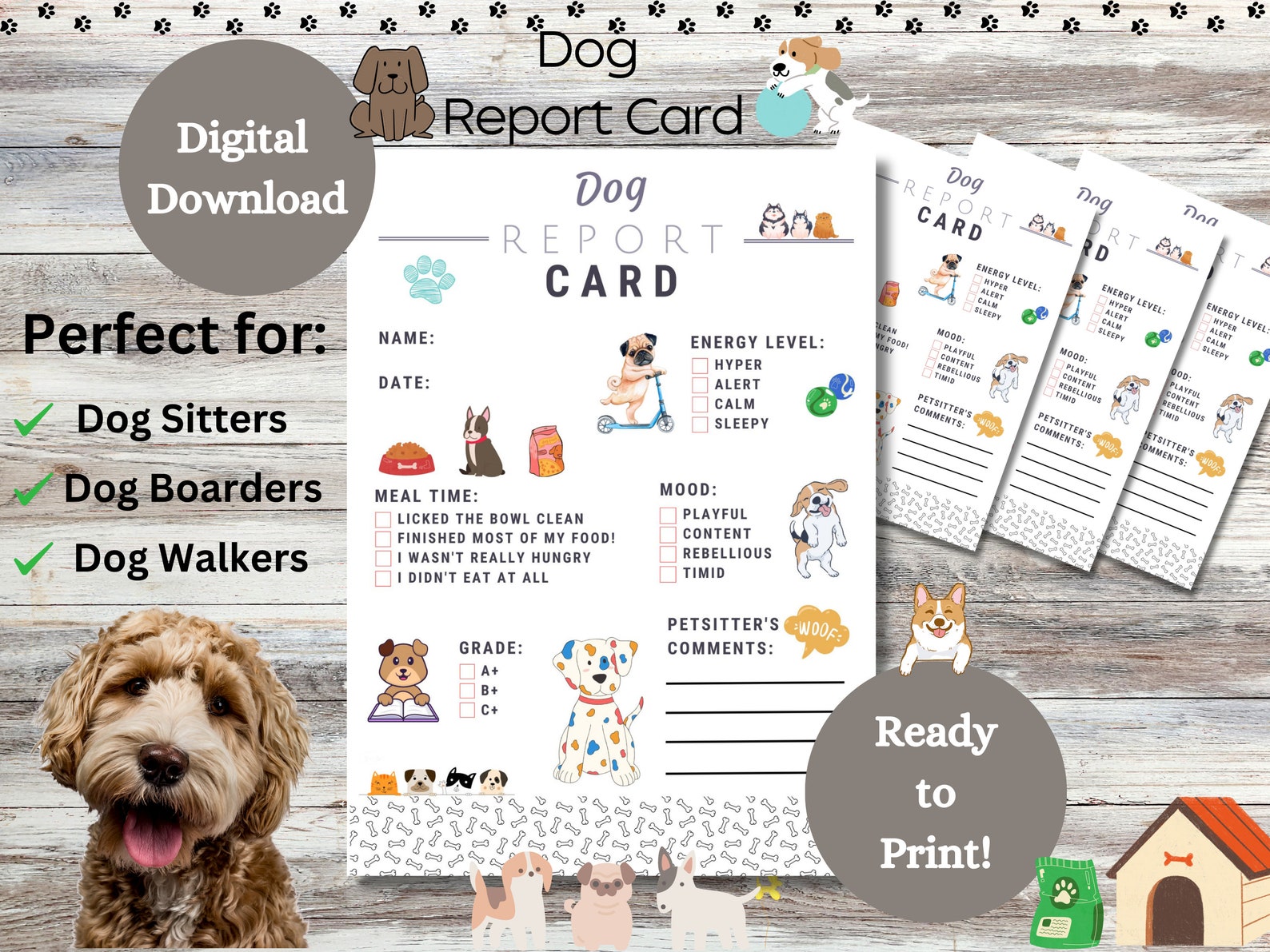 Dog Report Card Template, Instant Download Pet Report Card, Dog Walking ...