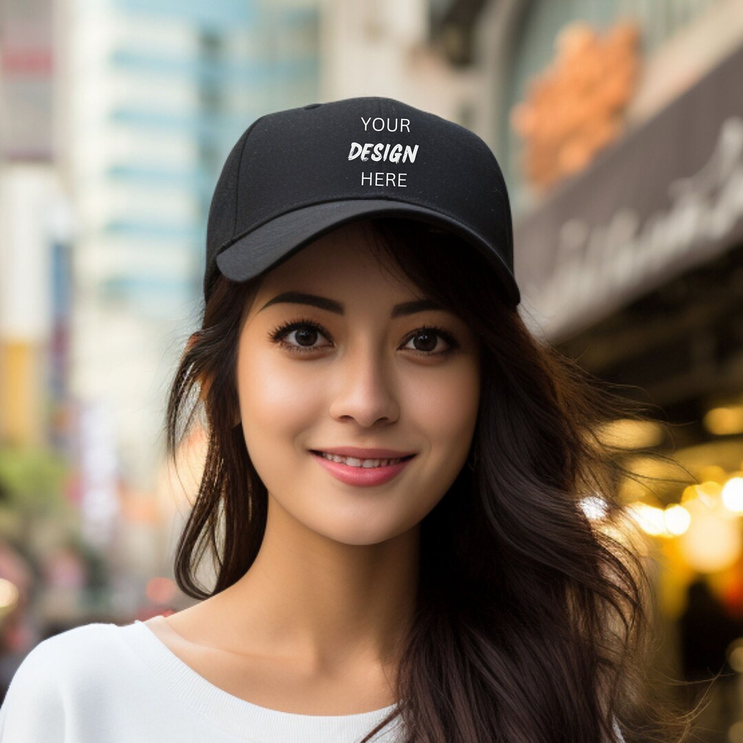 Woman Baseball Cap Mockup Gildan 18000 White Shirt Matching Black Hat ...