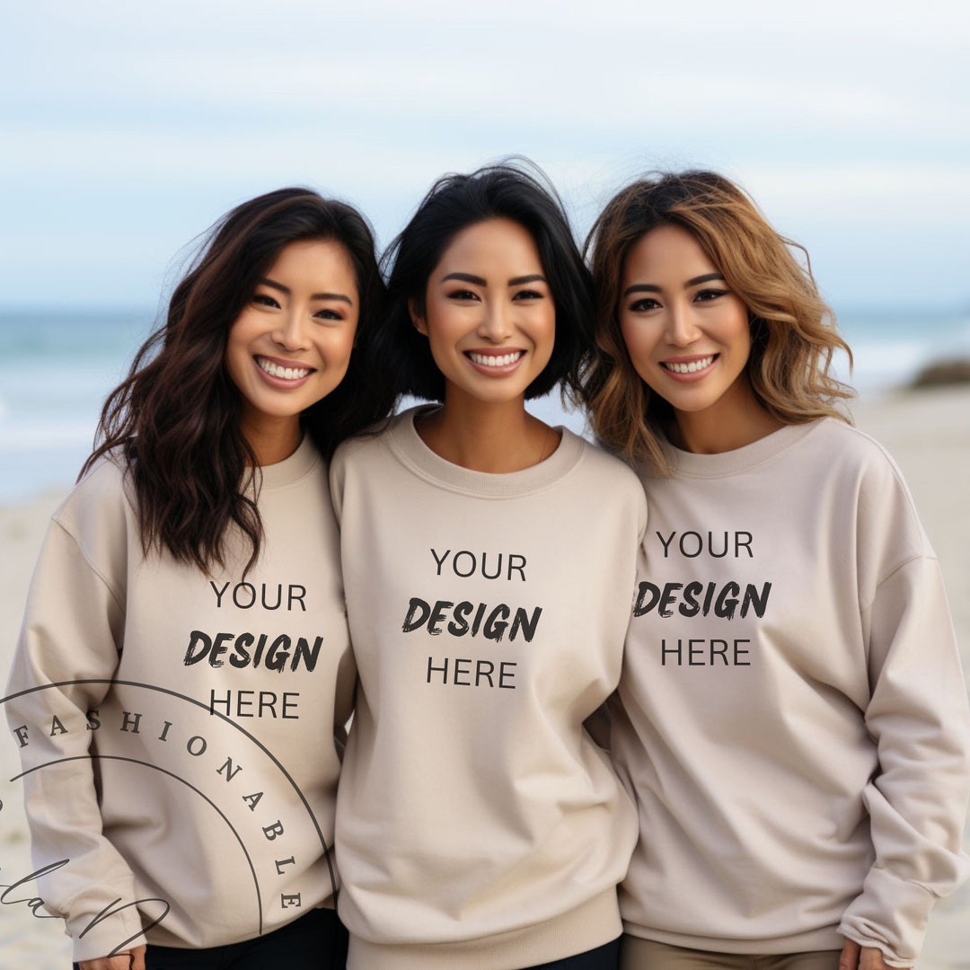 Girls Group Mockup Beach Sand Light Beige Natural Gildan 18000 Group ...