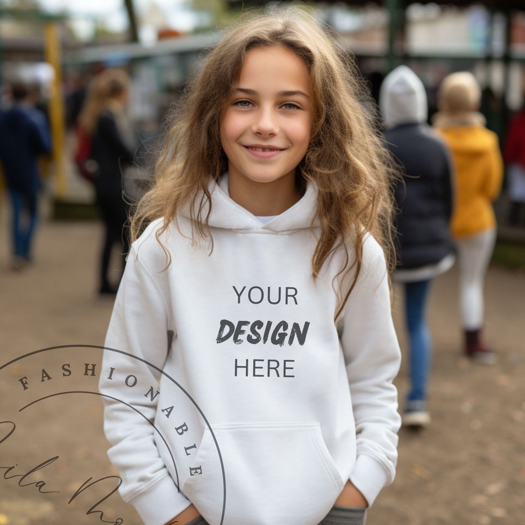 Kids Hoodie Mockup Arctic White AWDIS JH001J Girl Hoodie Mockup School ...