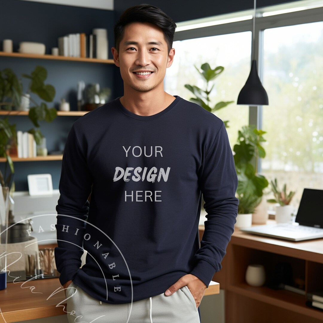 Male Mockup Navy Gildan 2400 Long Sleeve Cotton Shirt Mockup Asian Man ...