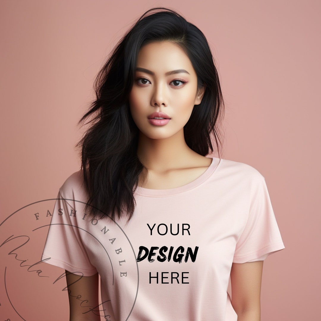 Light Pink Bella 3001 Asian Model Mockup Pink Doll Bella Canvas Mockup ...