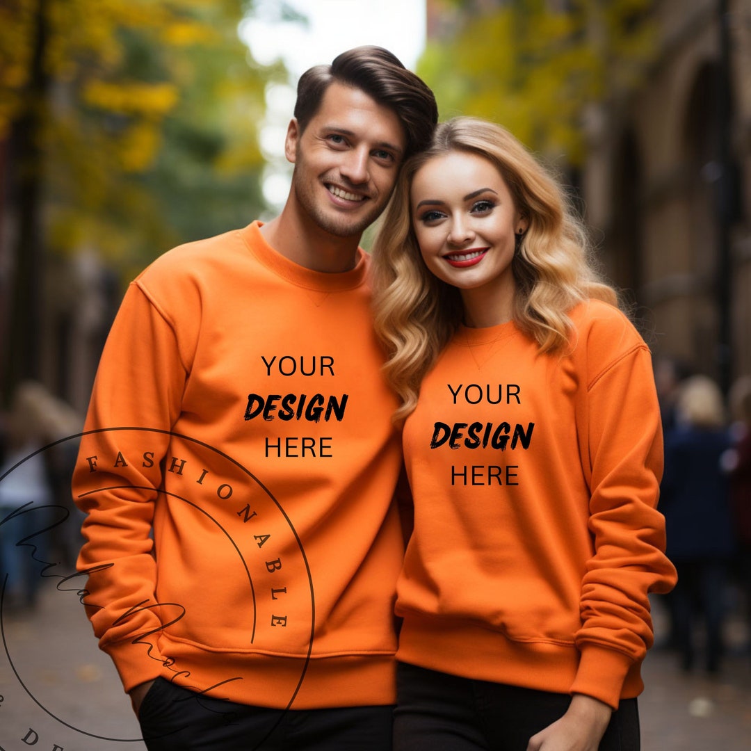 Gildan 18000 Orange Couples Mockup Halloween Christmas Couple Mockup ...